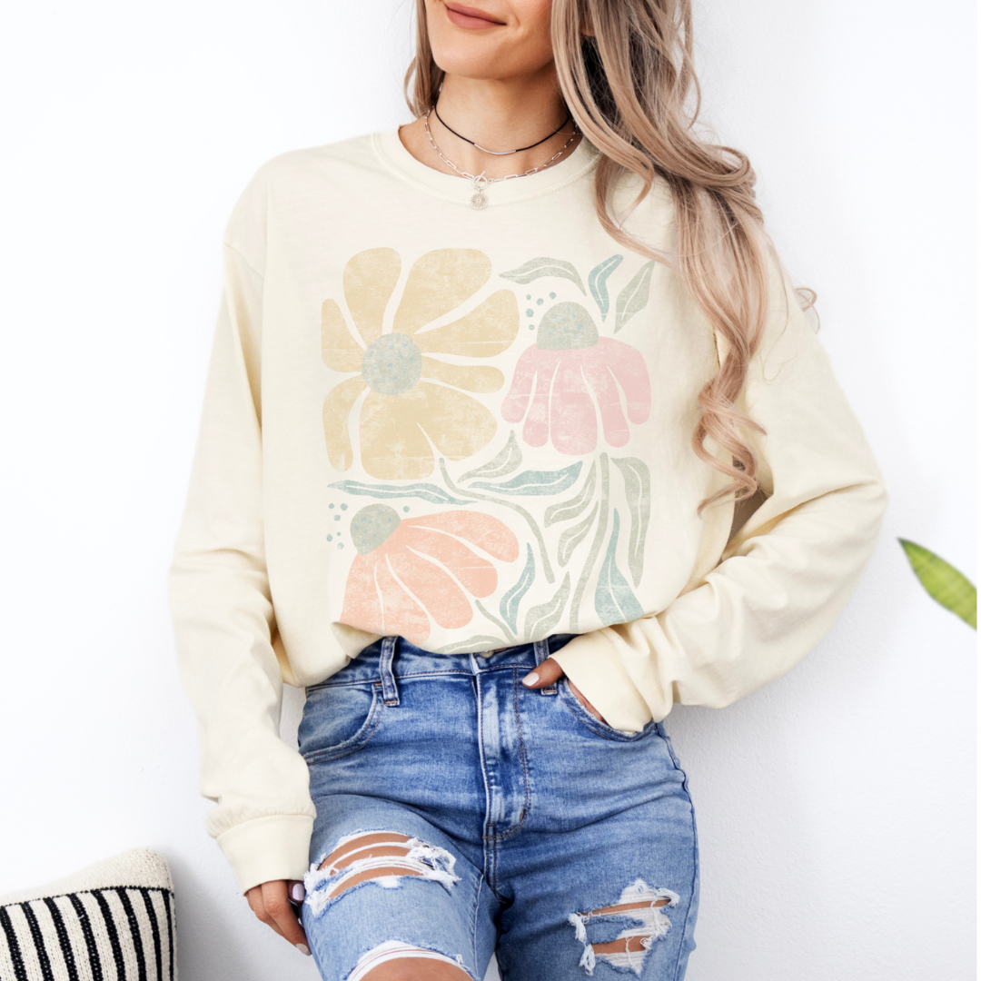 Faded Funky Flower Print - Comfort Colors Premium Long Sleeve T Shirt ...