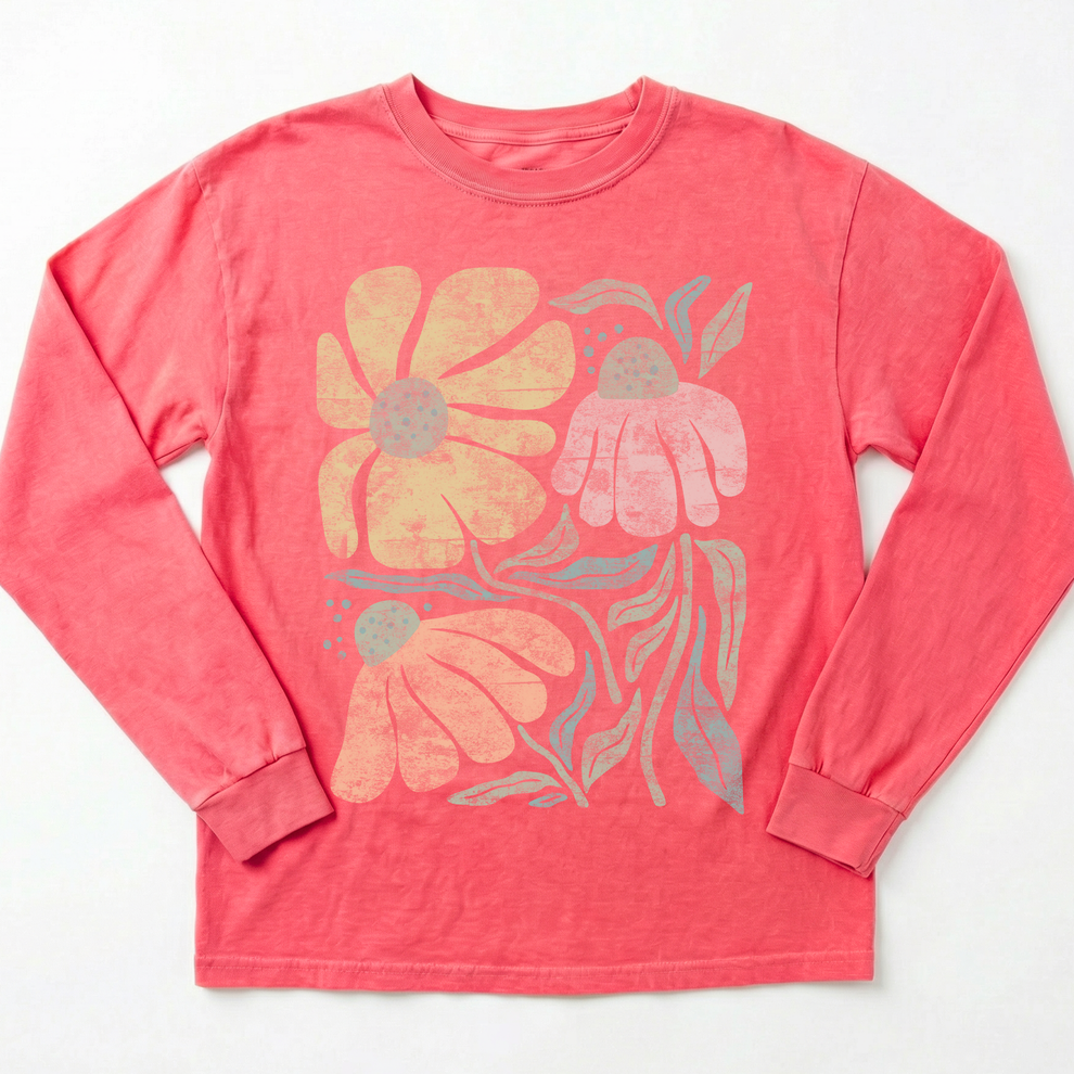 Faded Funky Flower Print - Comfort Colors Premium Long Sleeve T Shirt ...